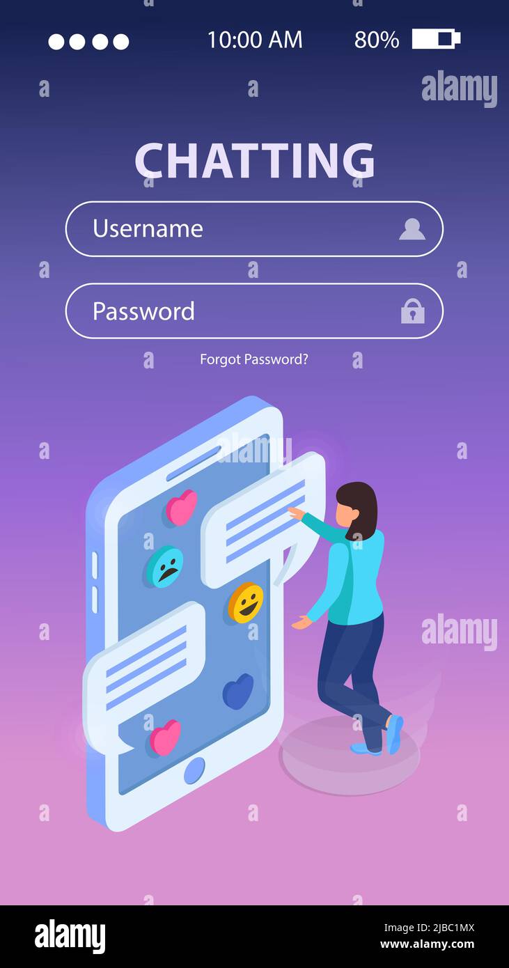 Chatting with mobile app isometric background composition with girl ...