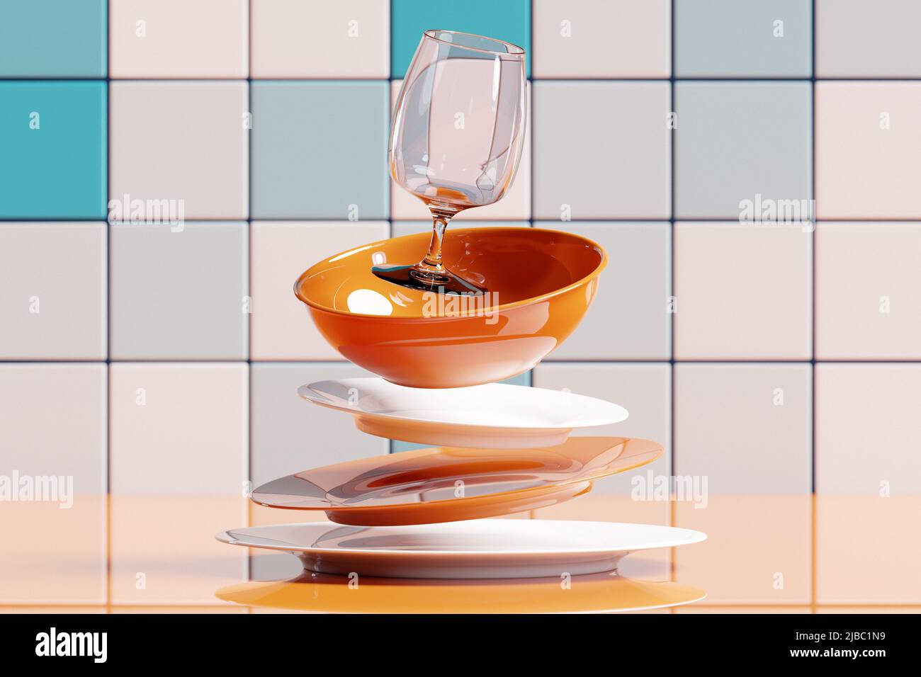 A set of clean plates, glasses, glasses scatter in different directions ...