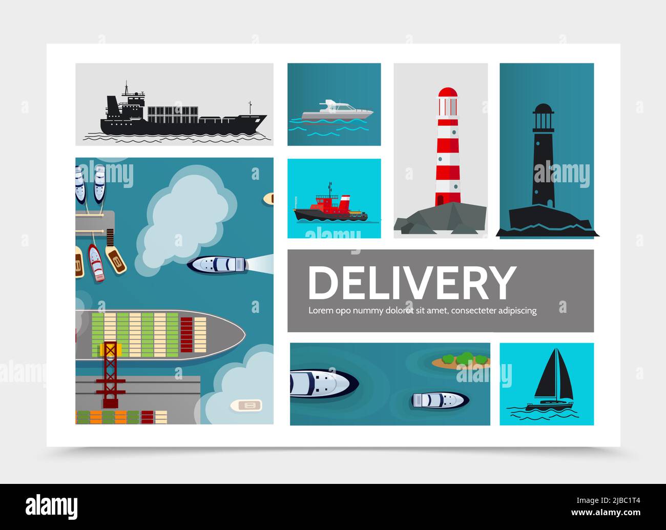 Flat shipping composition with lighthouses cargo and container ships ...