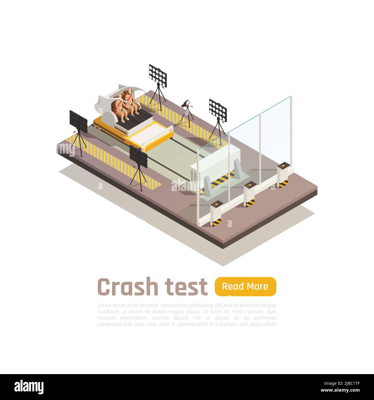 Crash Test Car Safety Isometric Composition With View Of Testing Fixture Unit And Dummies With