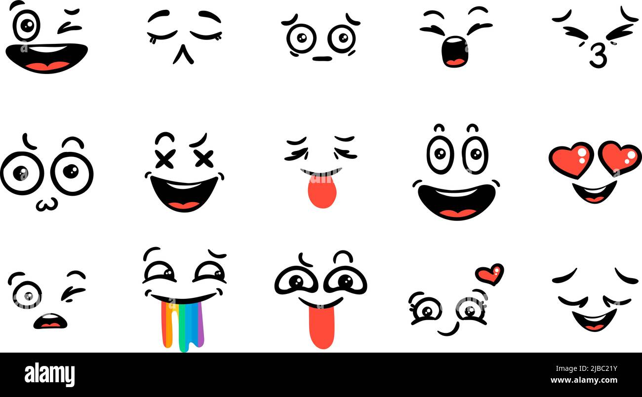 Various Cartoon Emoticons Set. Doodle faces, eyes and mouth. Caricature ...