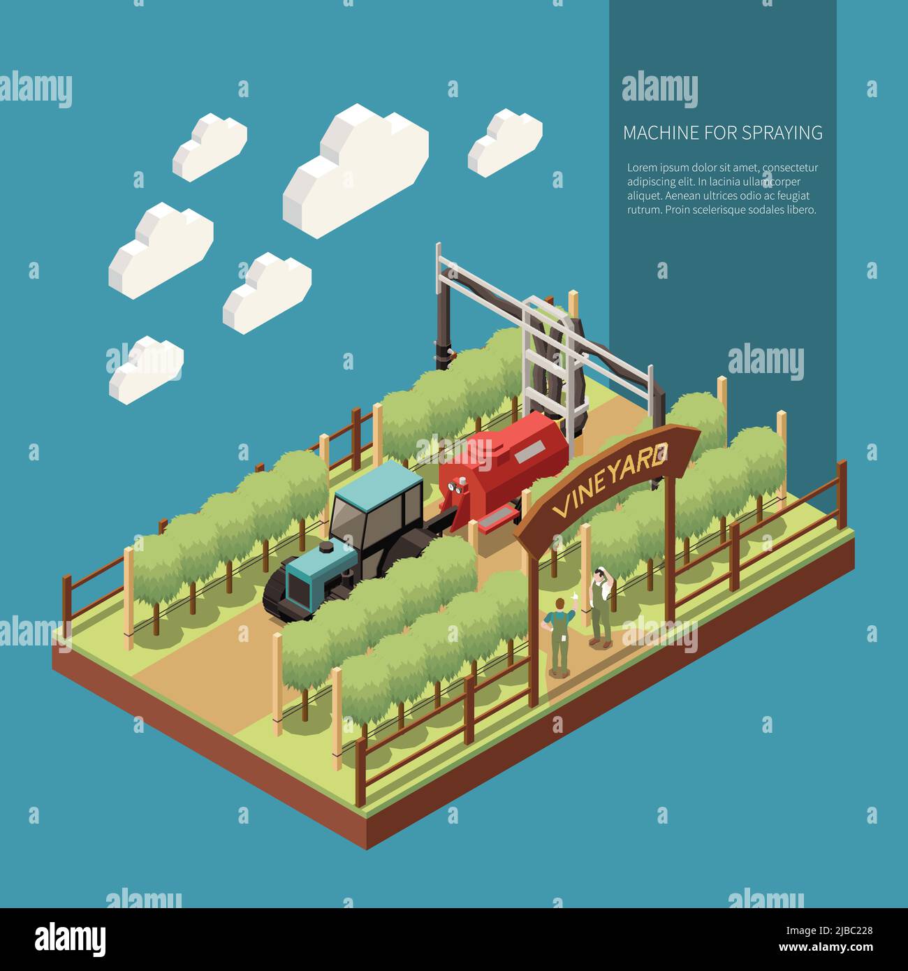 Vine yard isometric composition with machine for spraying moving ...