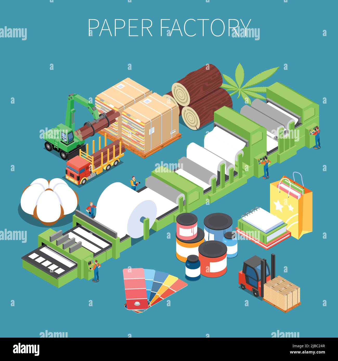 Paper factory isometric background with raw wood materials conveyor for ...