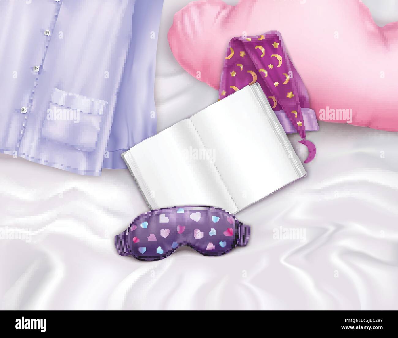 Realistic composition with sleep accessories pillow and book on bed ...