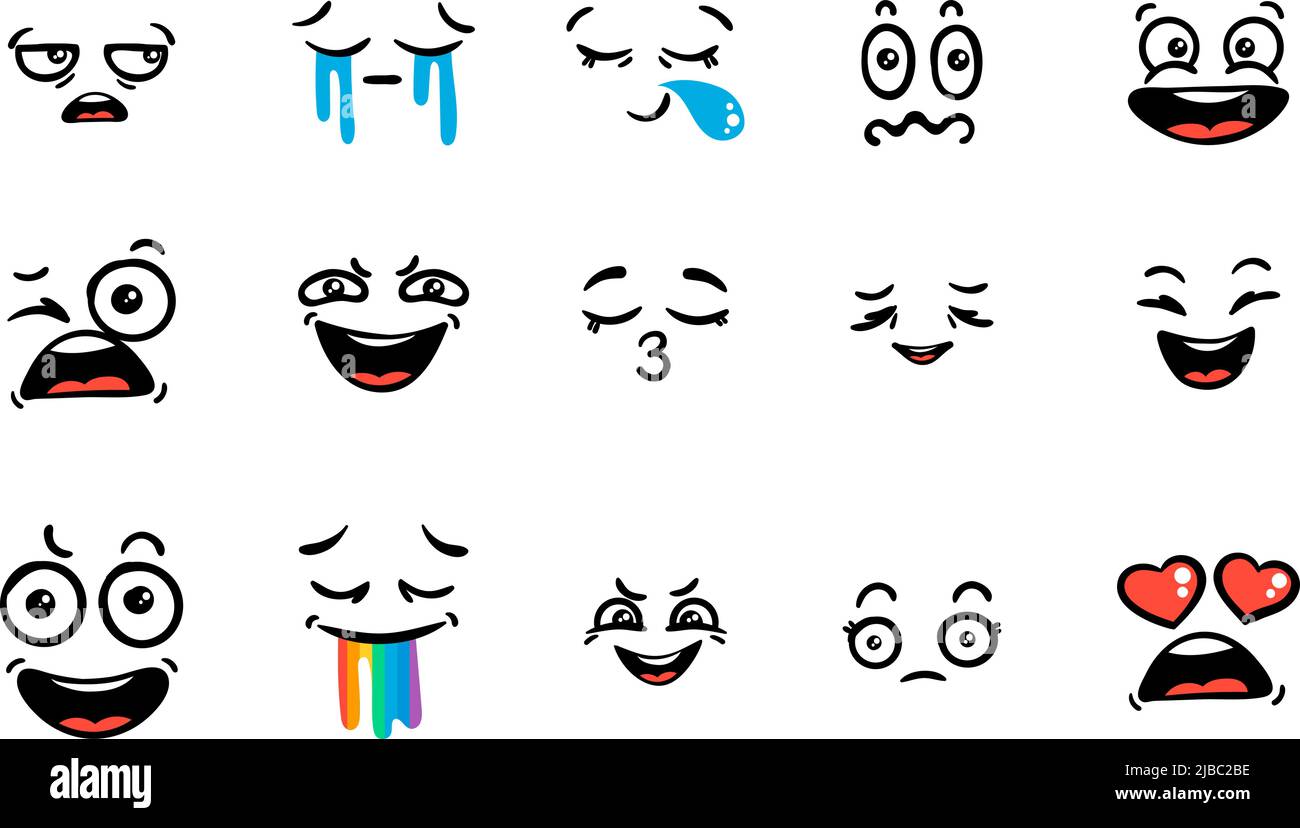 Various Cartoon Emoticons Set. Doodle faces, eyes and mouth. Caricature ...