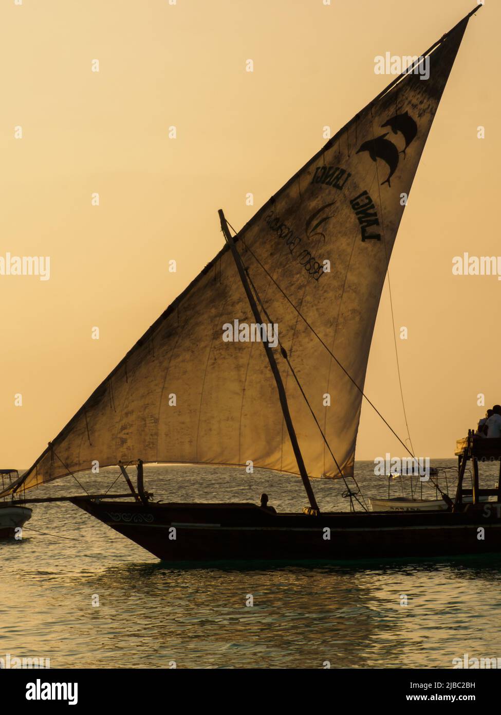 Traditional sailing dhow during sunset in the Indian Ocean off the ...