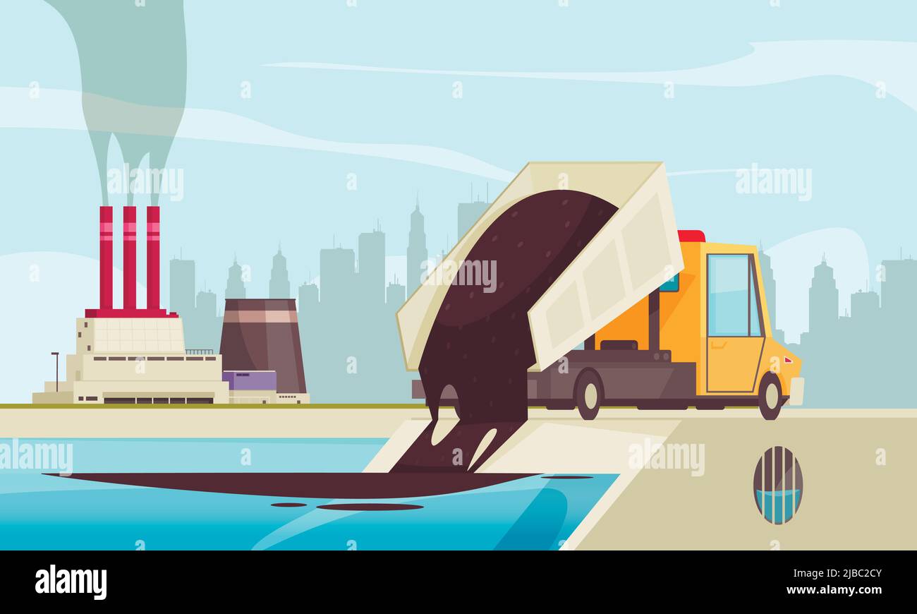 Nature water pollution flat composition with view of factory buildings ...
