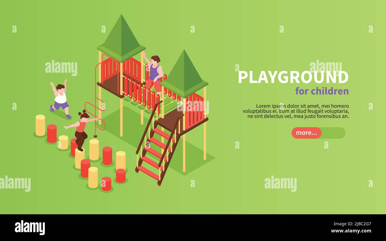 Isometric kids playground horizontal banner with slider button editable ...