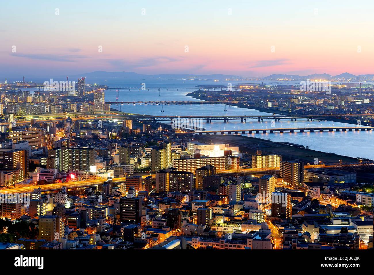 Japan. Kansai. Osaka. Aerial view of Yodo river at sunset Stock Photo ...