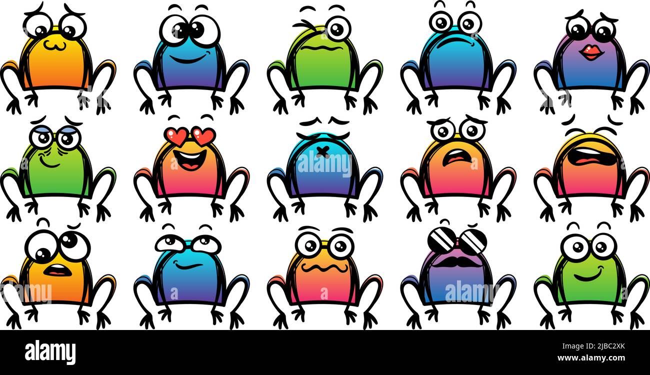 Various Cartoon Frogs Set. Doodle faces, eyes and mouth. Caricature ...