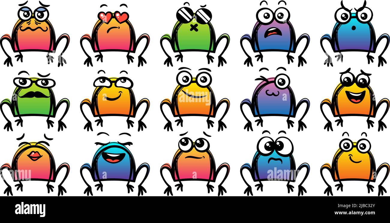 Various Cartoon Frogs Set. Doodle faces, eyes and mouth. Caricature ...