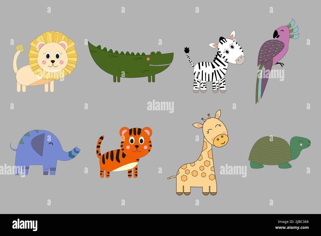 Cute cartoon African animals. Set of lion, elephant, crocodile, tiger ...