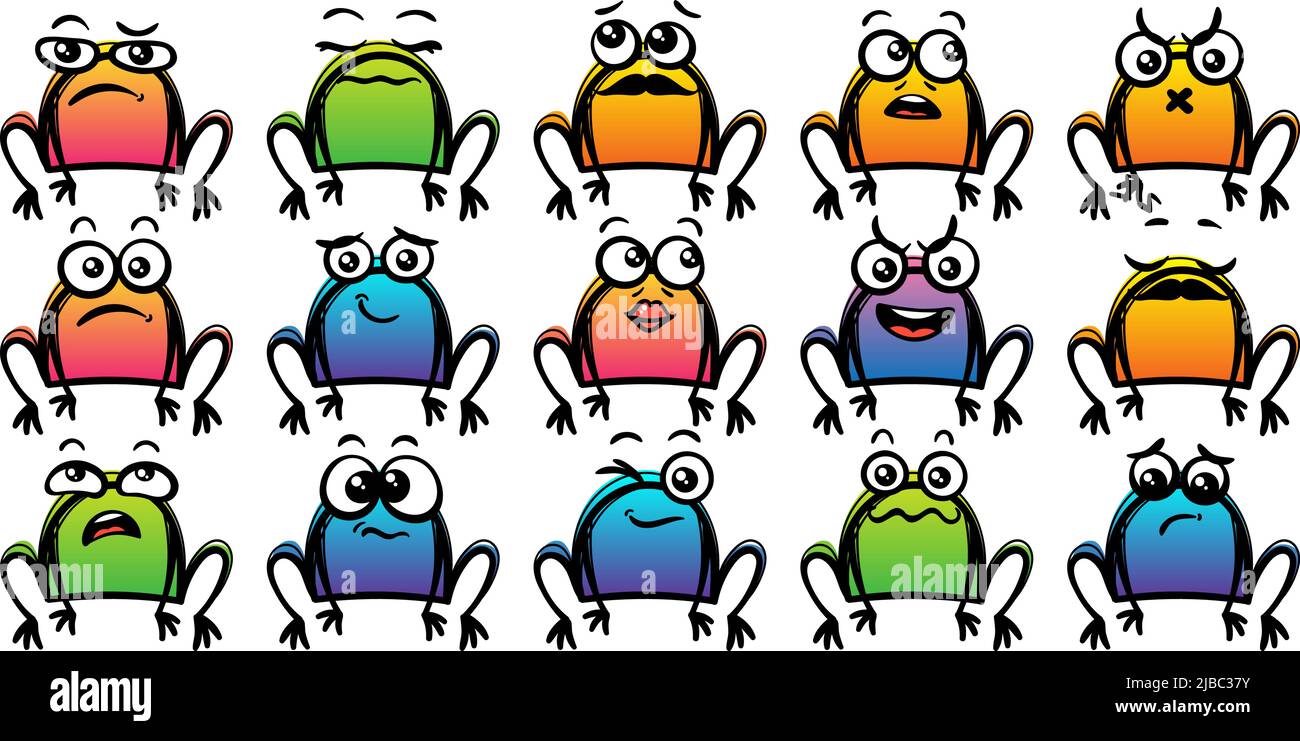 Various Cartoon Frogs Set. Doodle faces, eyes and mouth. Caricature ...