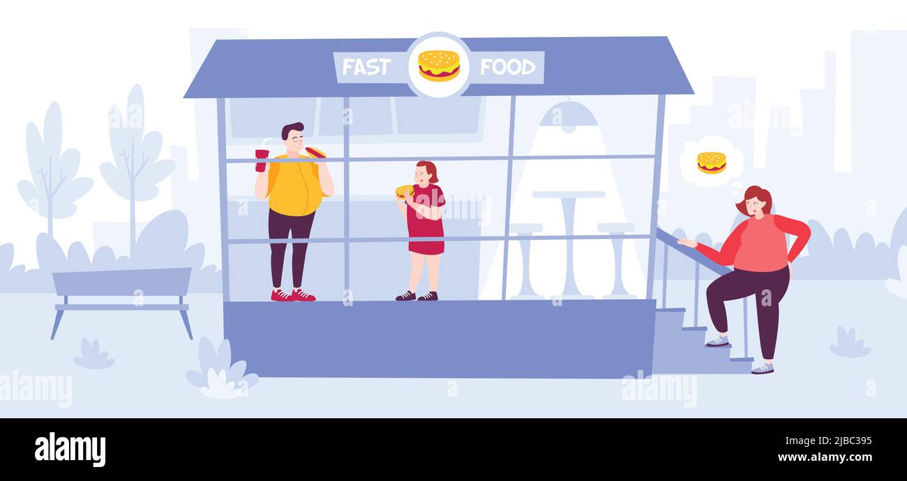 People with excess weight and health problems eating at fast food ...