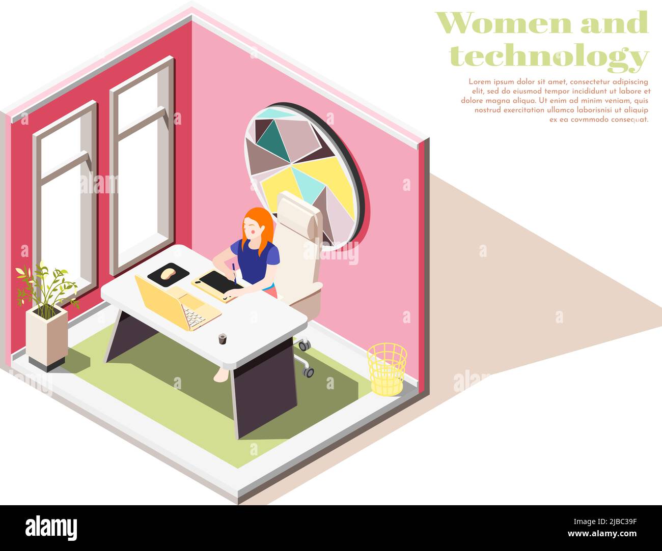 Women and technology isometric composition with young girl at workplace ...