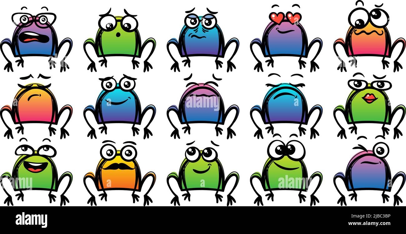 Various Cartoon Frogs Set. Doodle faces, eyes and mouth. Caricature ...