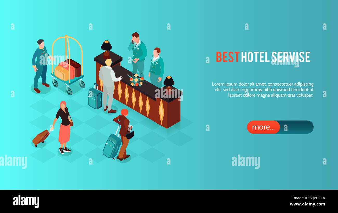 Isometric hotel horizontal banner with images of vintage reception desk ...