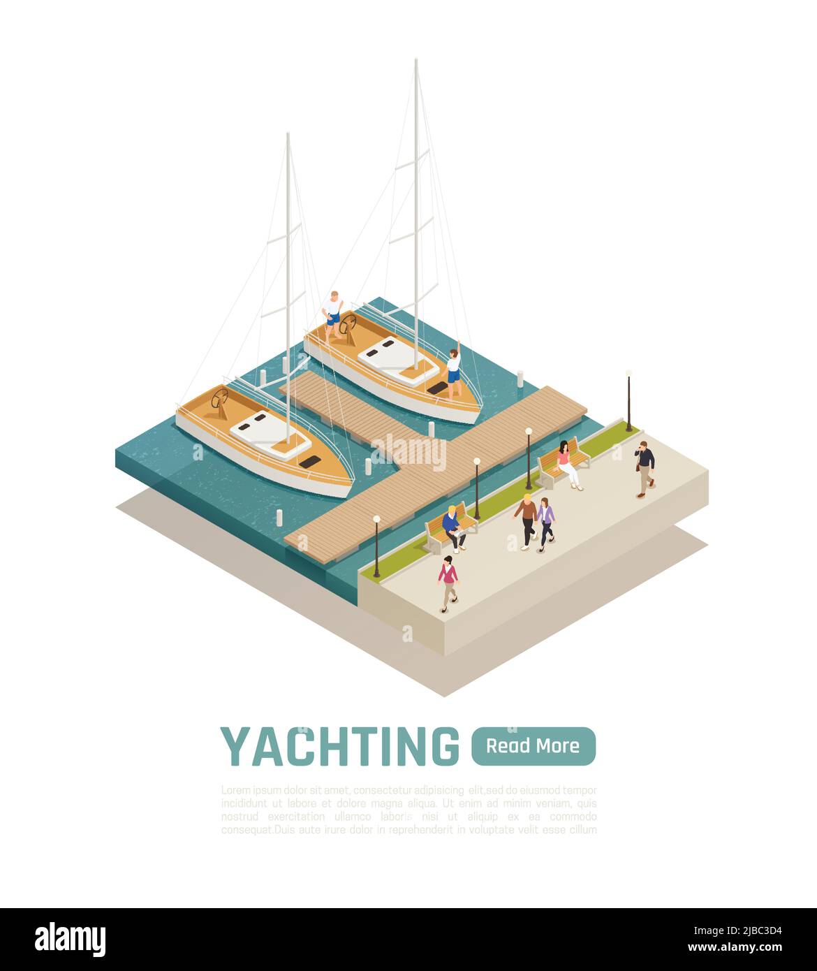 Colored and isometric yachting composition with two boats moored at the ...