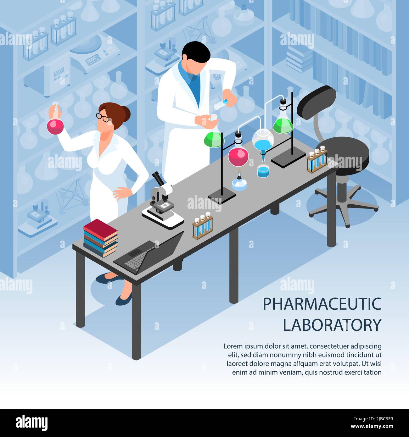 Two scientists doing research in pharmaceutic laboratory 3d isometric ...