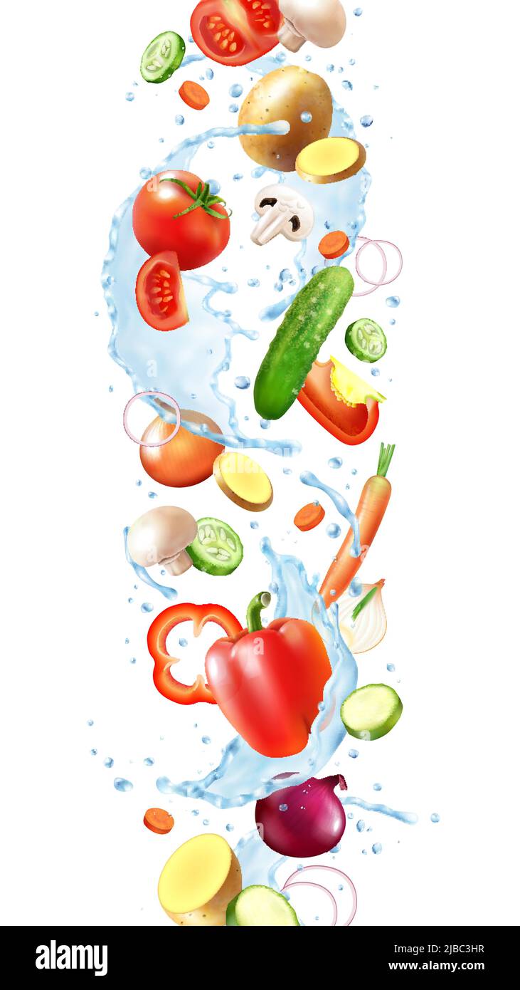 Realistic water splash composition of falling vegetables with slices ...