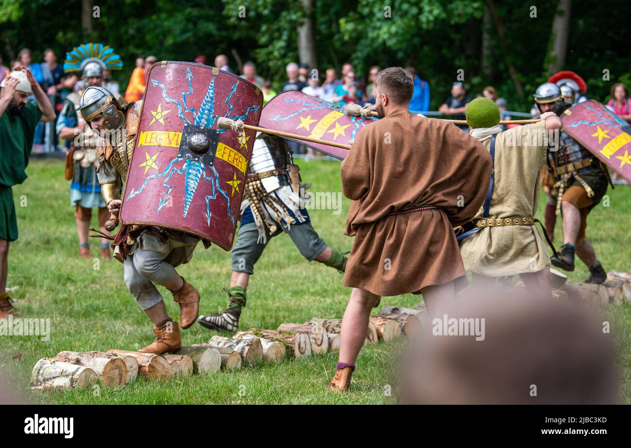 Bramsche, Germany. 05th June, 2022. Performers in costumes of the Roman ...