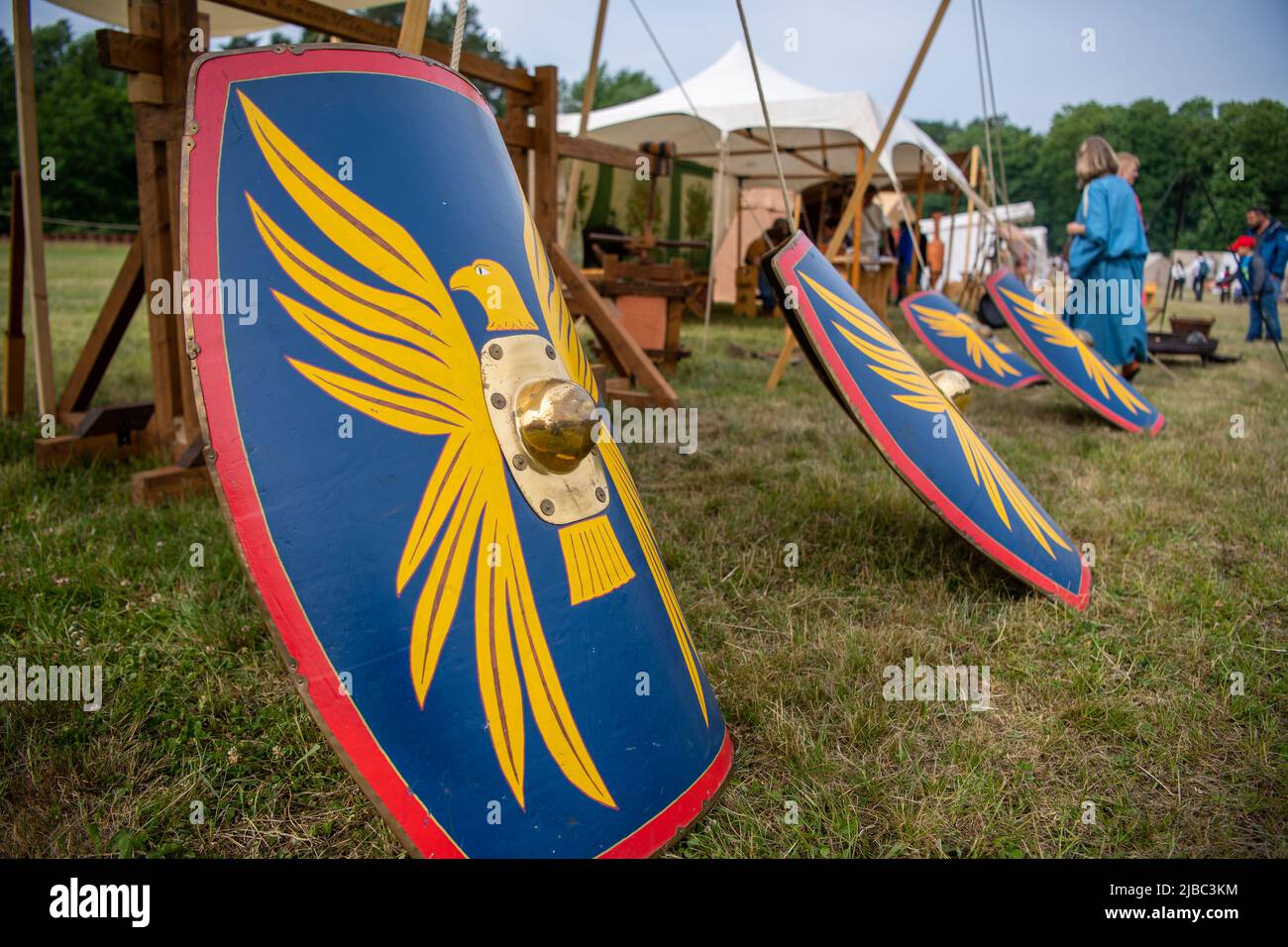 Bramsche, Germany. 05th June, 2022. Shields stand by the Germanic tents ...