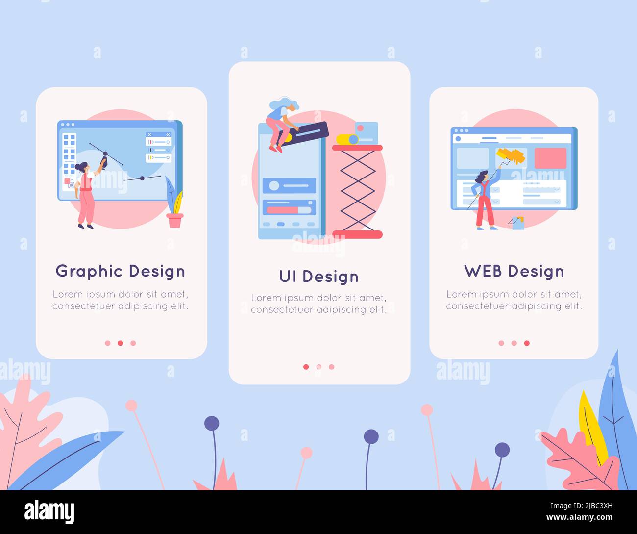 Set of three web development vertical banners with flat doodle images ...