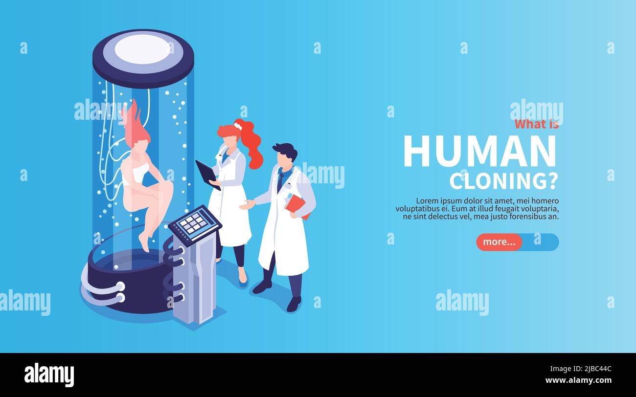 Human cloning isometric landing page with scientists watching female ...