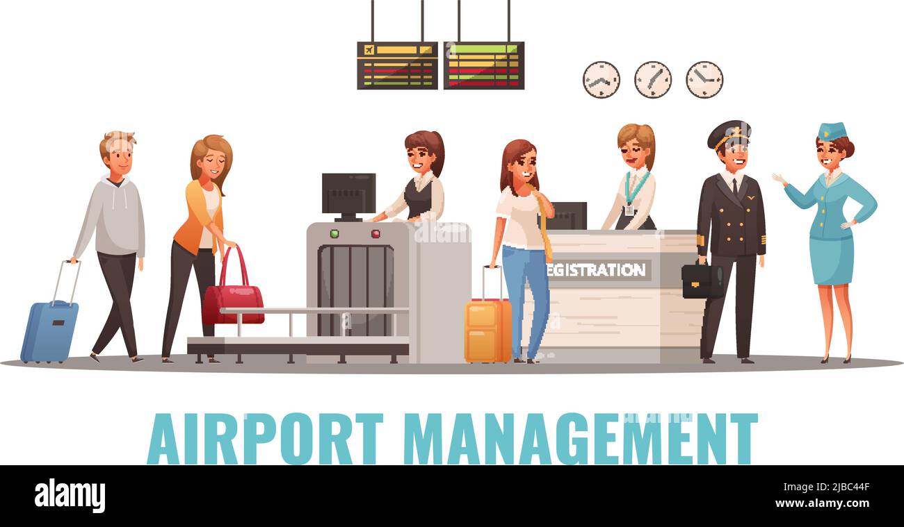 Airport staff and passengers at registration desk and luggage scanner ...