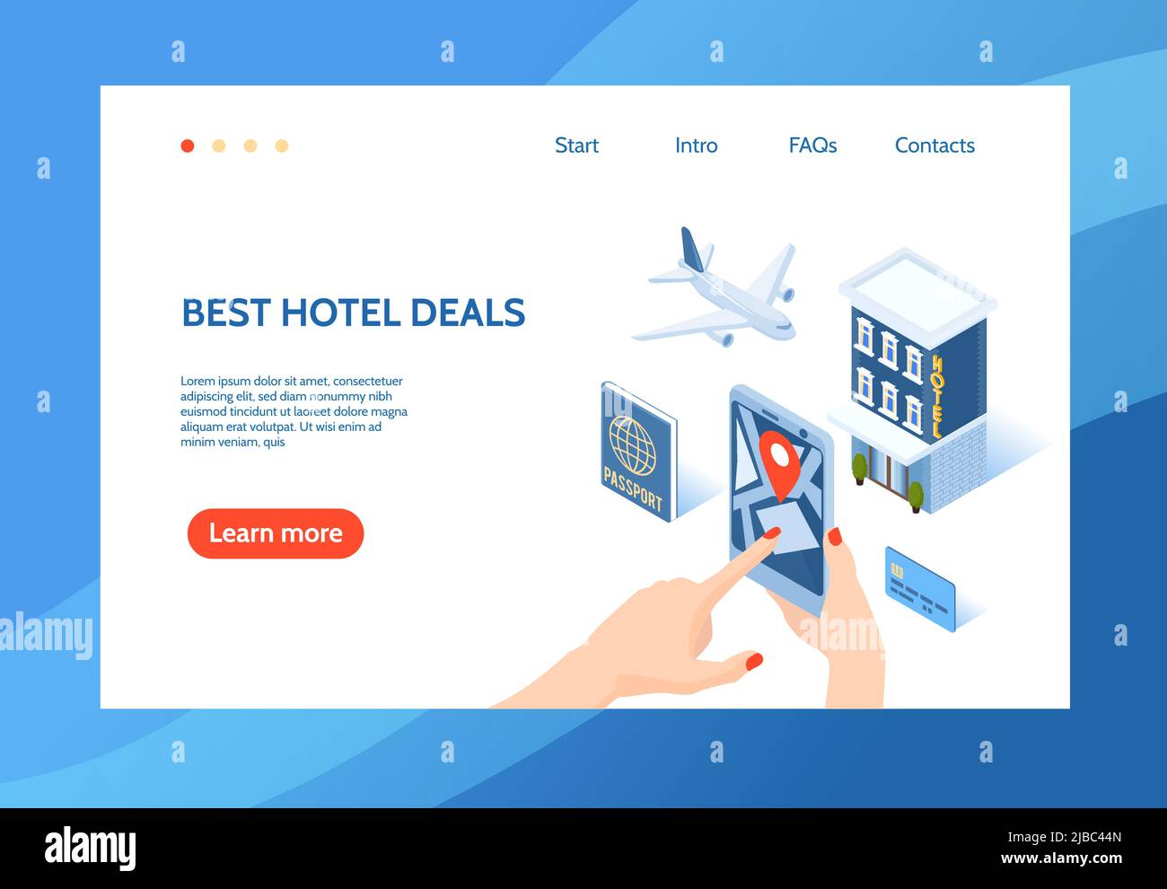 Isometric hotel concept banner web site landing page design with editable text links and ...