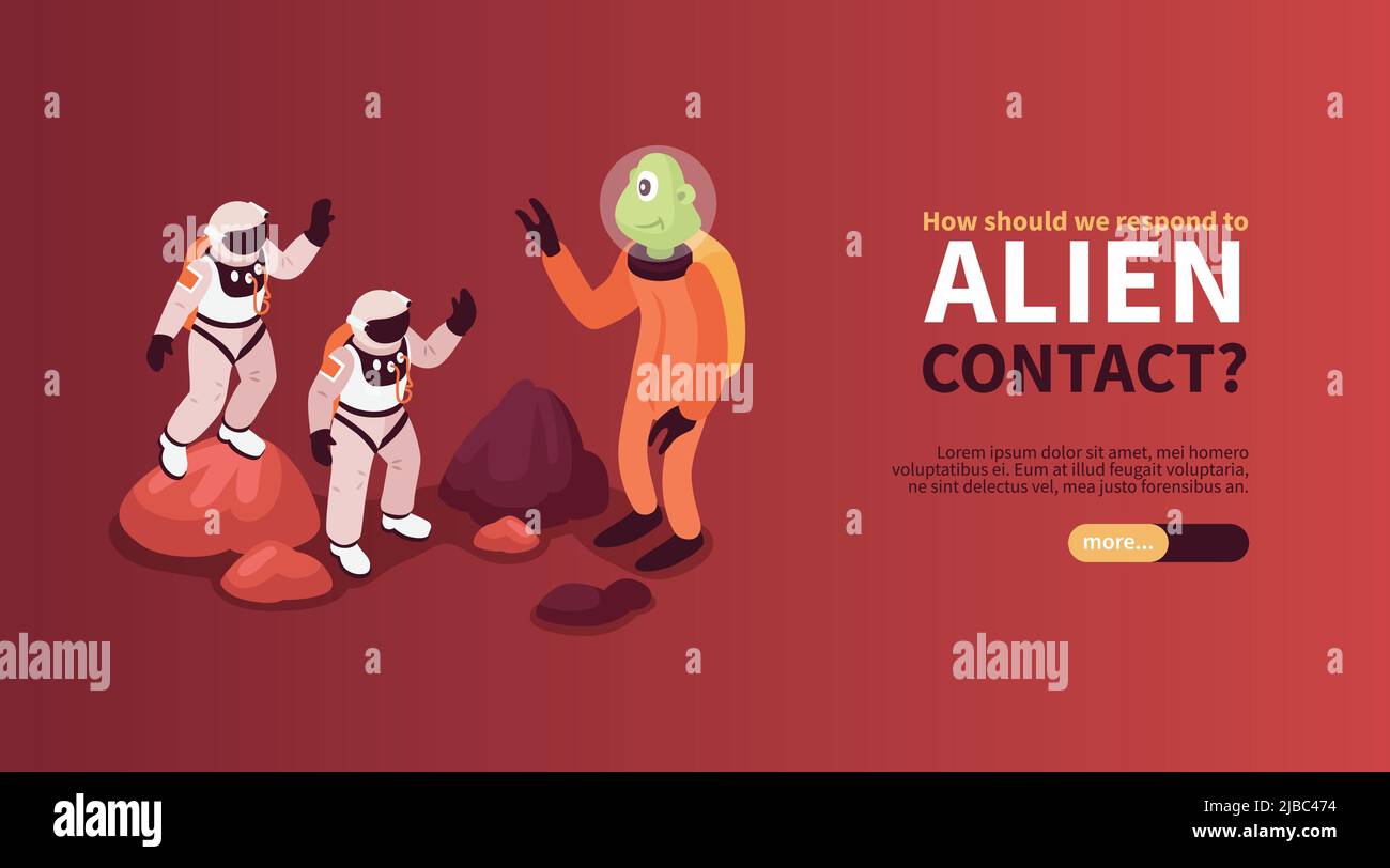 Alien contact isometric horizontal banner with two astronauts friendly ...