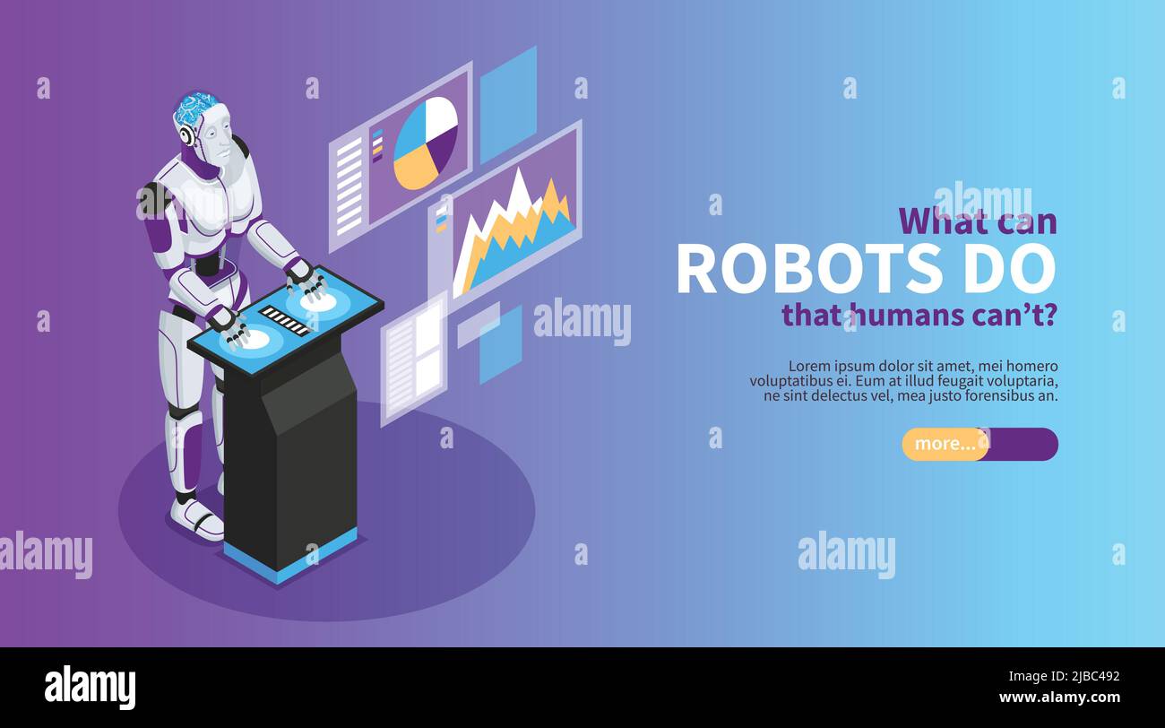 Artificial intelligence isometric poster with robot benefits symbols ...