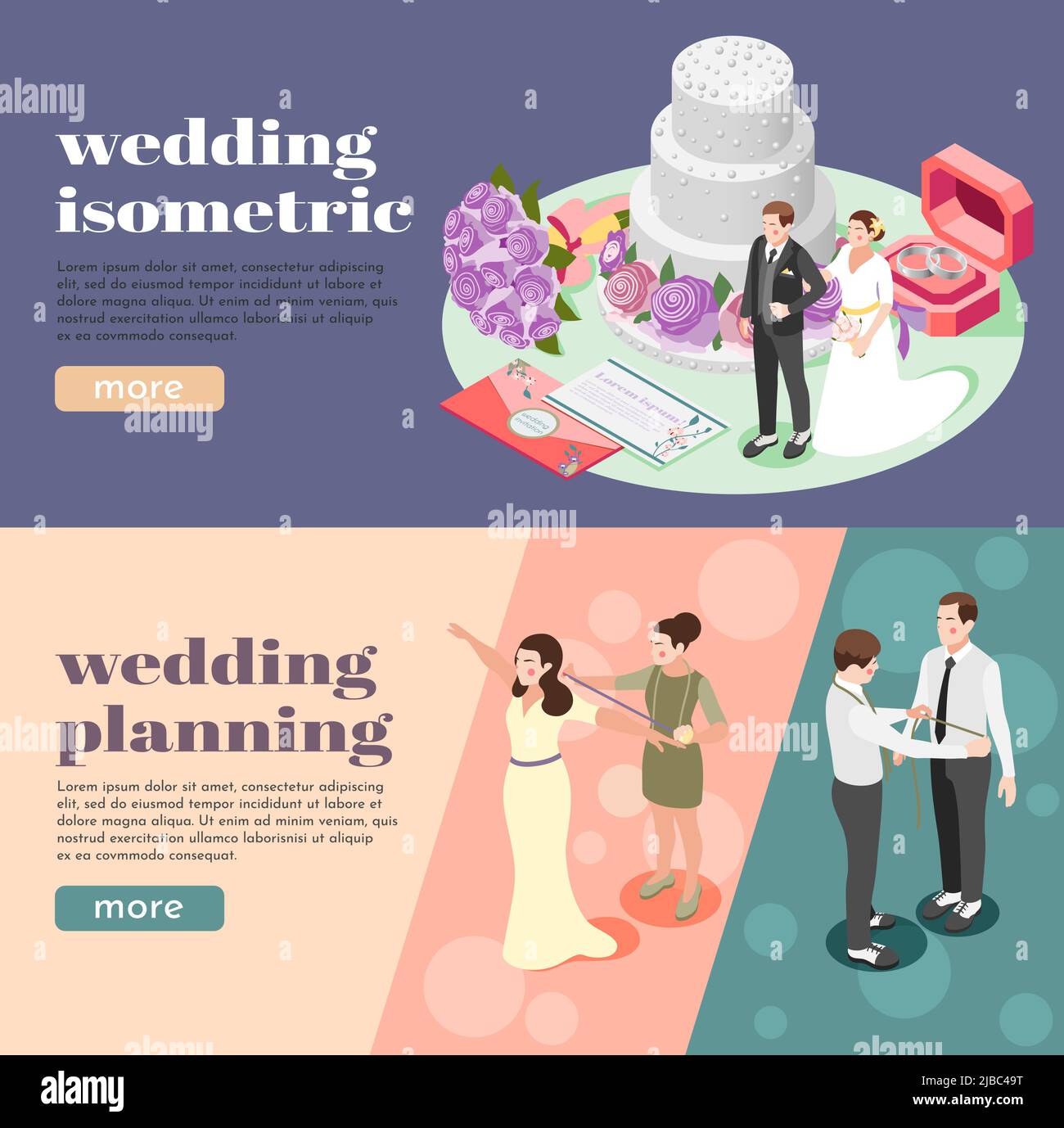 Wedding planning isometric banners illustrated measuring bride and ...