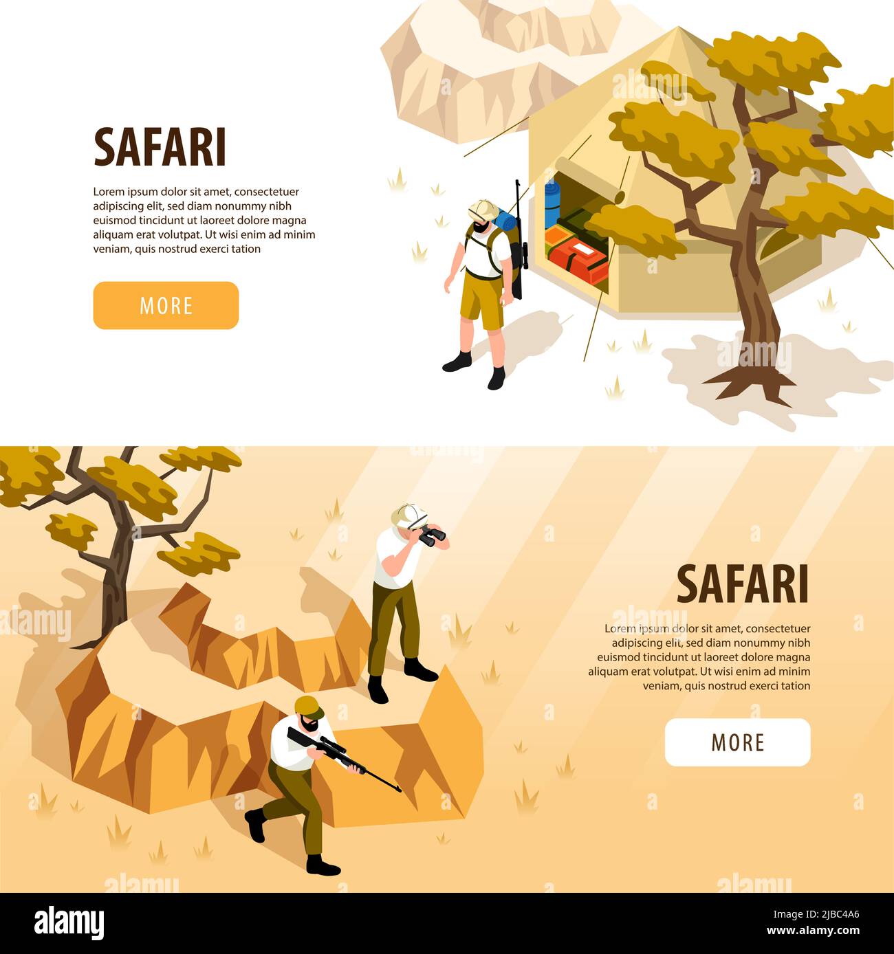 Safari isometric horizontal banners set with tourist tent and people ...
