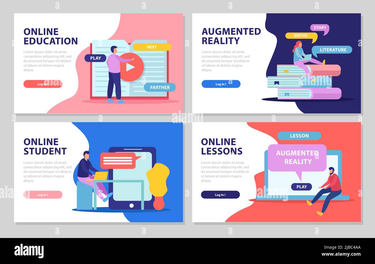 Set of four online education flat banners 4x1 with editable text ...