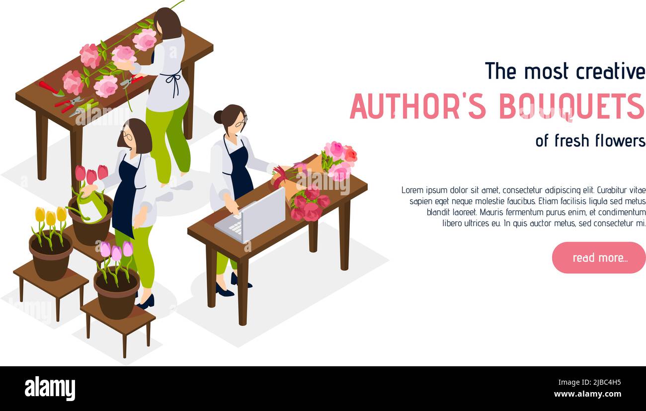 Creative florist isometric landing page with advertising of service ...