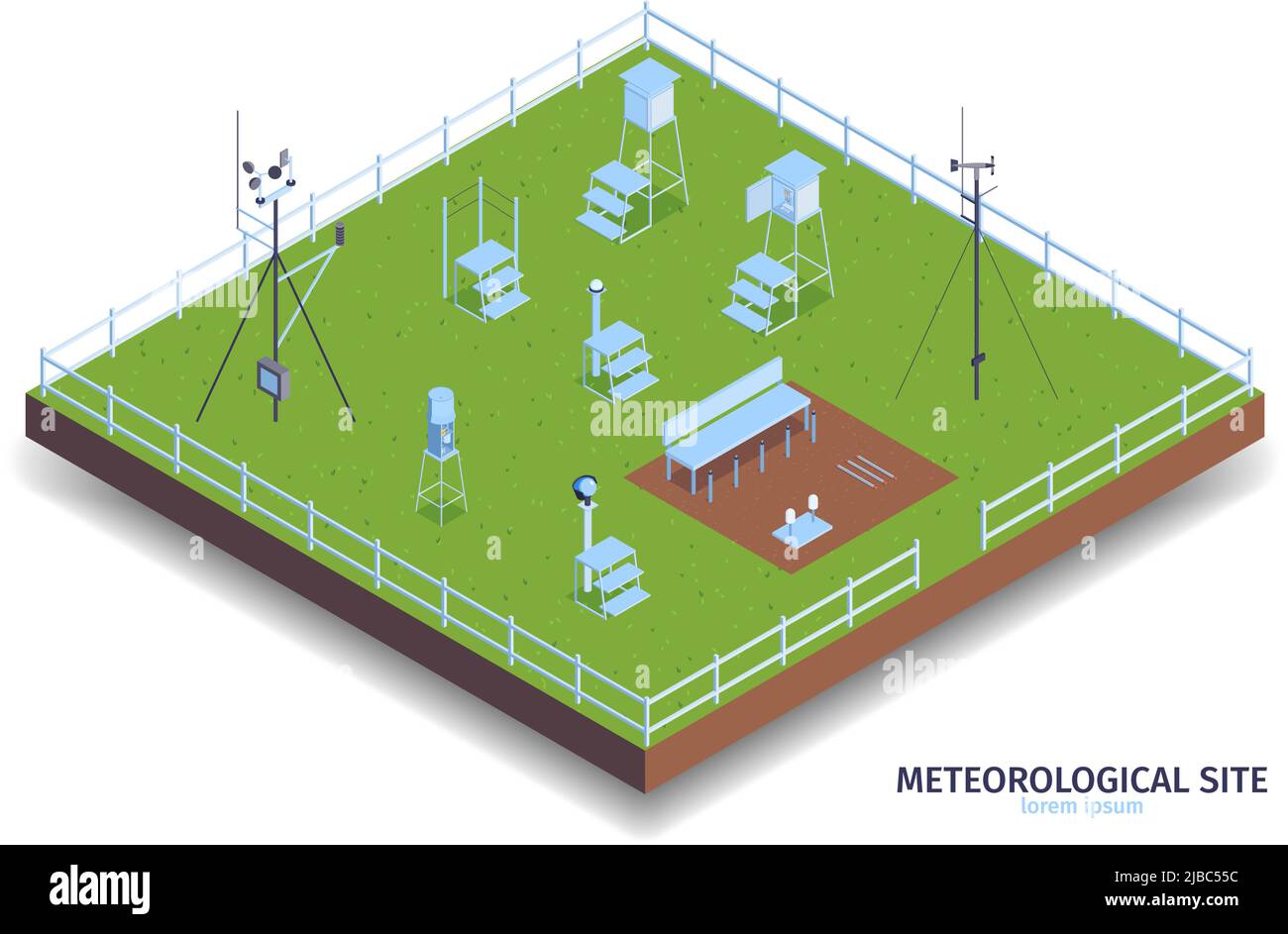 Isometric meteorological center composition with view of fenced green ...