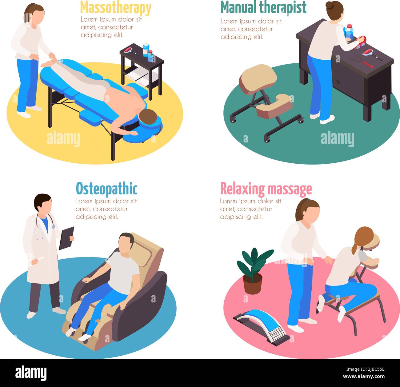 Massage therapy isometric 4x1 set of compositions with editable text ...