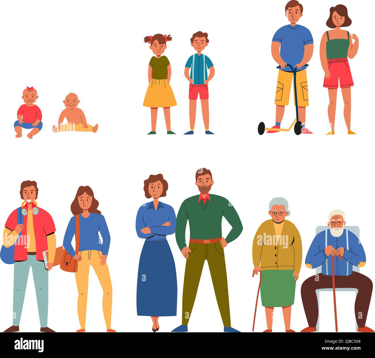 Flat Icons Set With Different Generations Of People Isolated On White