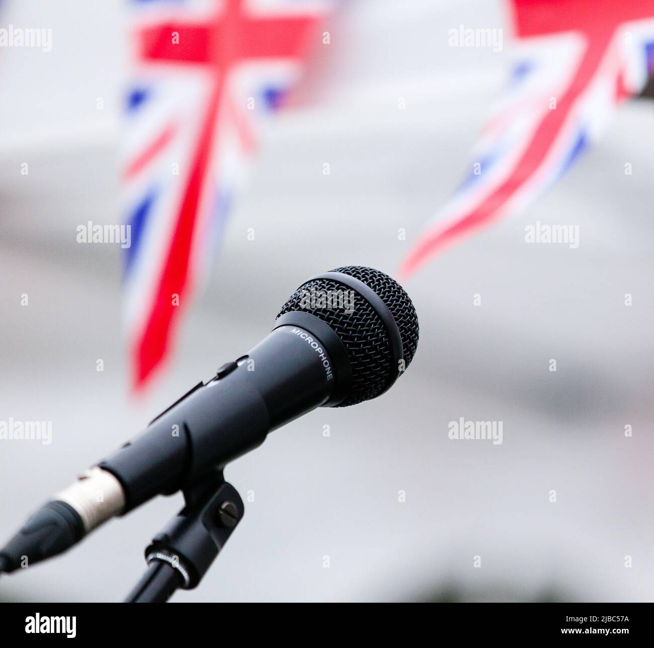 Microphone and union jack bunting at one of the concert stands at Garth ...