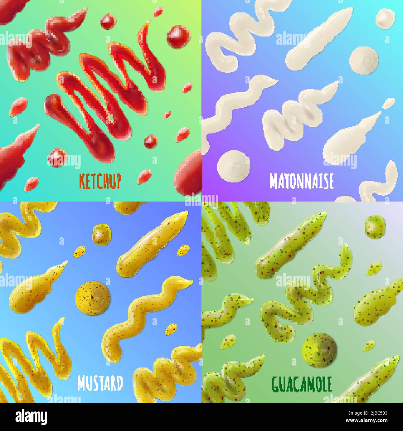 Sauce spots realistic concept icons set with ketchup and mustard ...