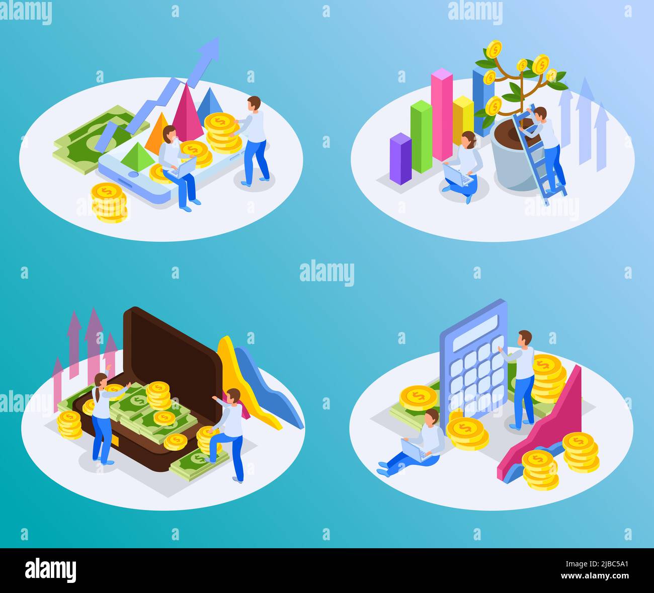 Set of four investment isometric image round compositions with circle ...