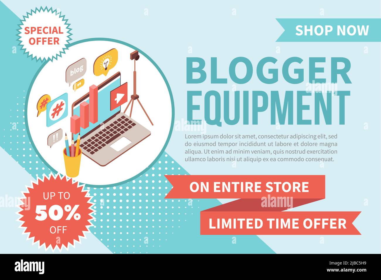 Blogger equipment banner isometric background with advertising text ...