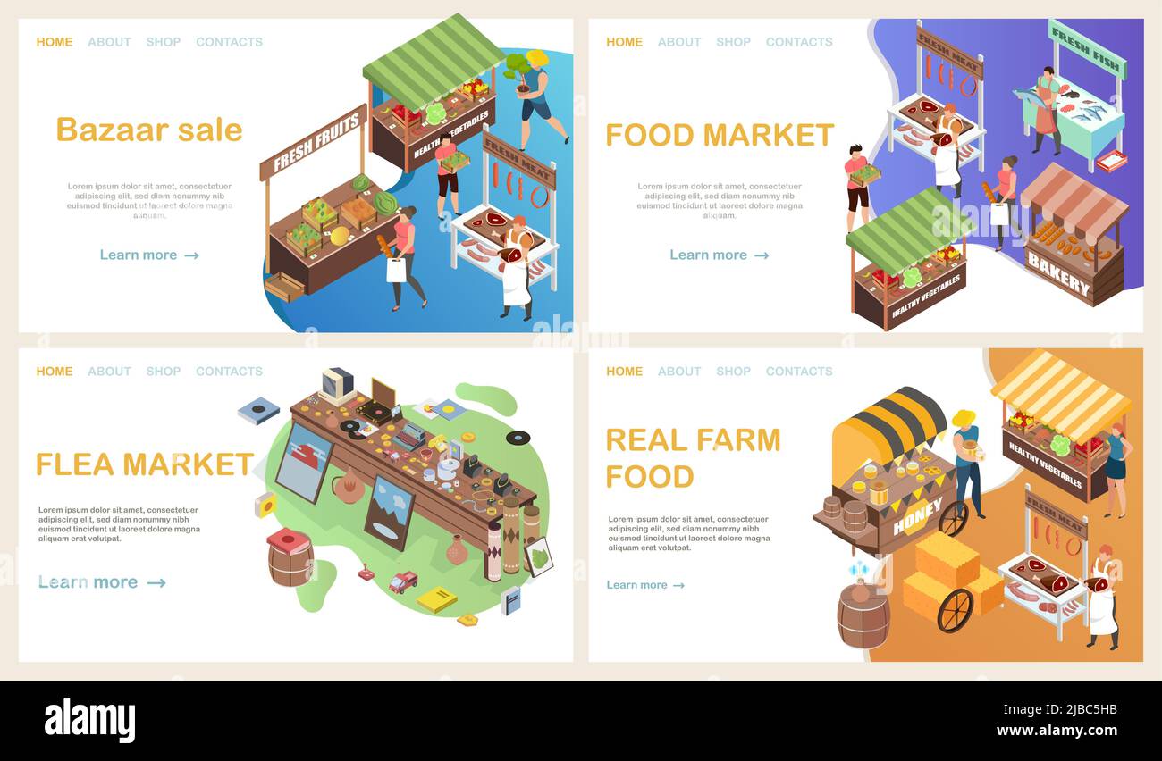 Bazaar web page isometric set with horizontal landing website ...