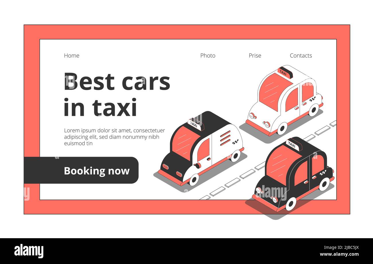 Taxi web page isometric website landing background with images of cab ...