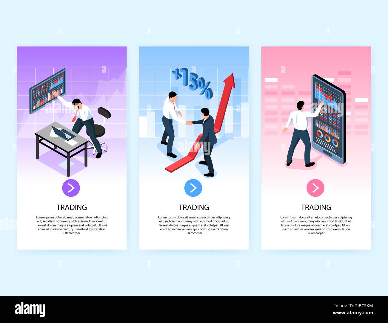 Set of three isometric stock market exchange trading vertical banners ...