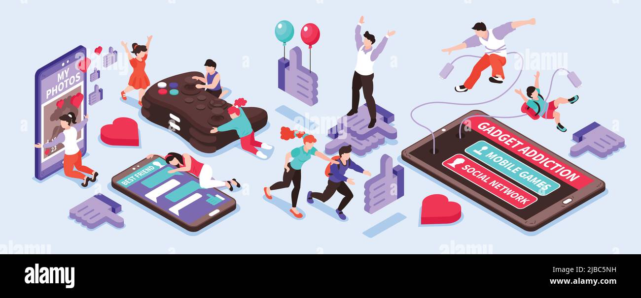Gadget addiction isometric narrow set with social network and games ...