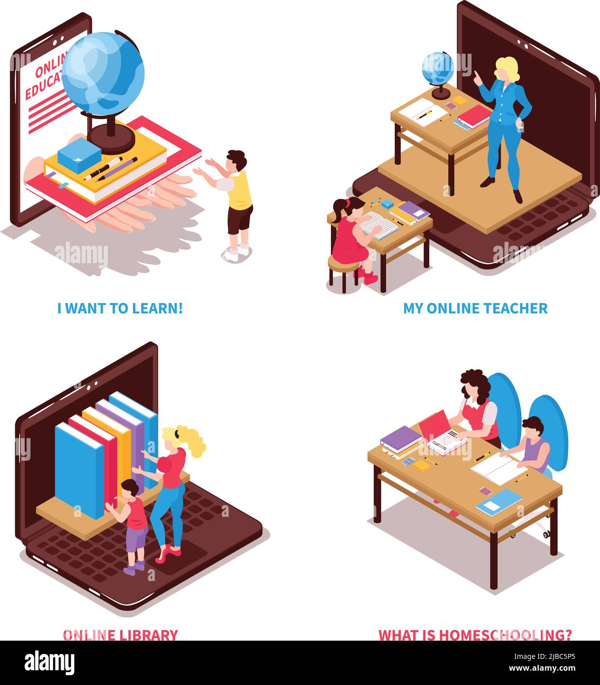 Home schooling isometric set with family and education symbols isolated ...