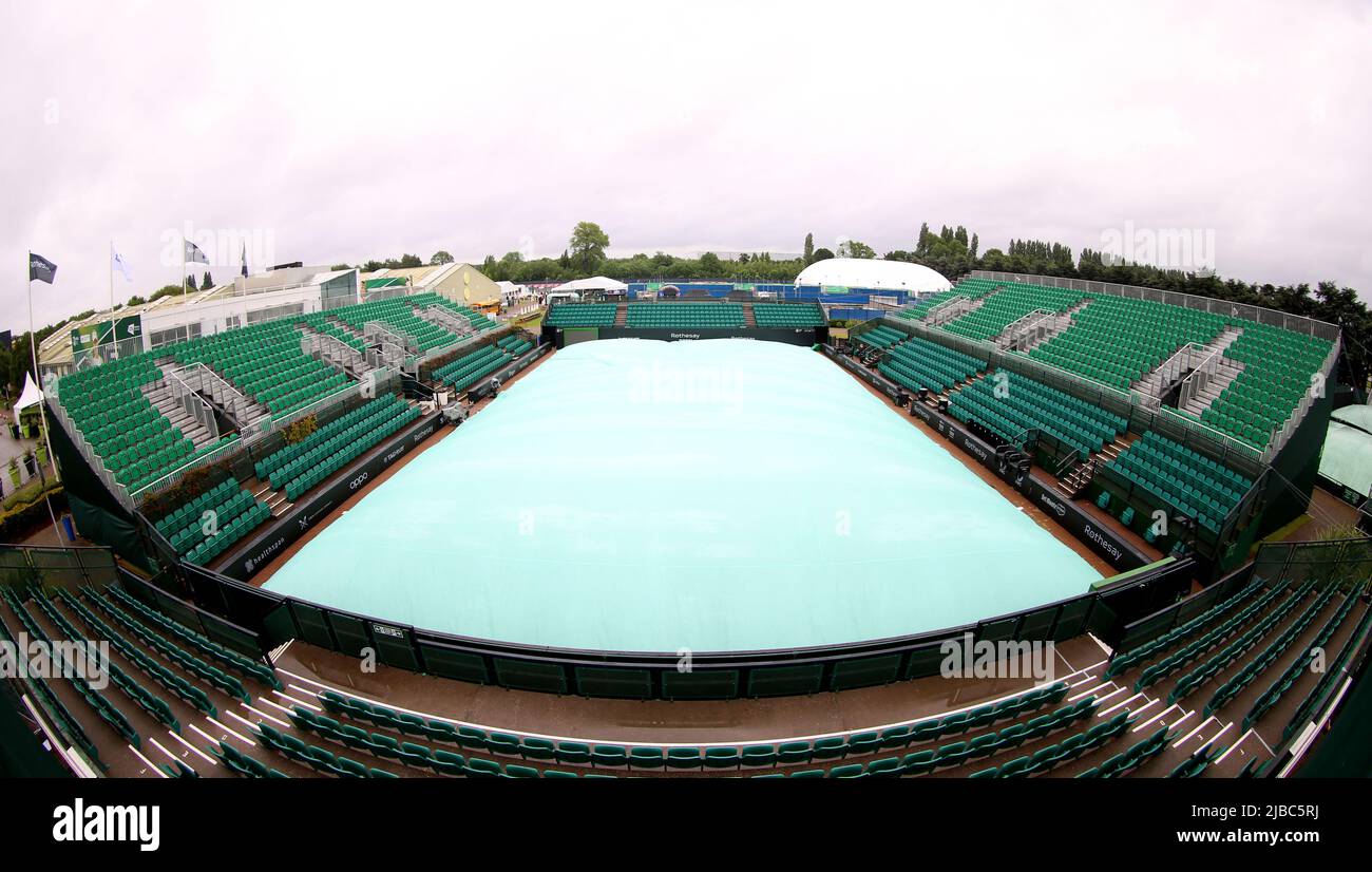 General view of a covered centre court as rain falls on day two of the ...