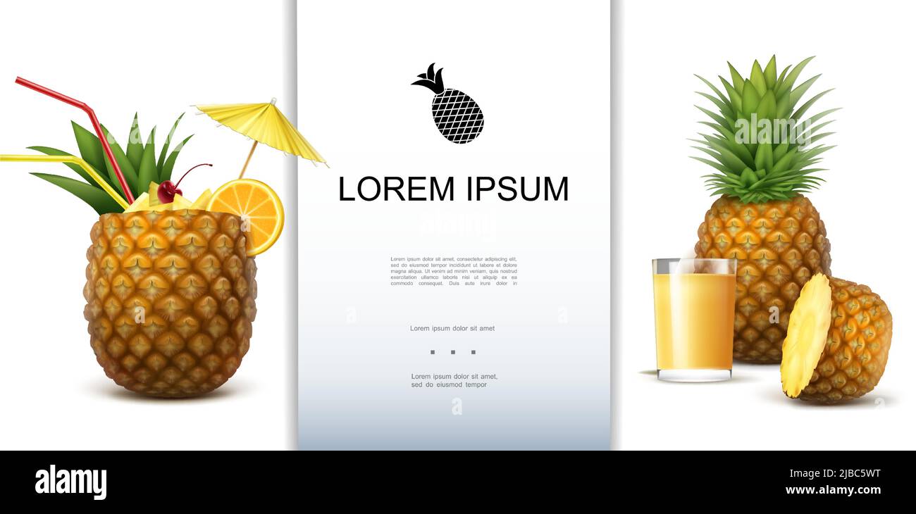 Realistic tropical pineapple template with whole and half of healthy ...